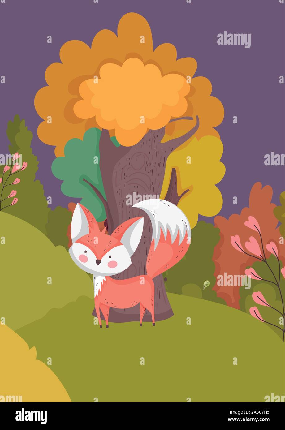 cute fox with tree foliage hello autumn vector illustration Stock ...