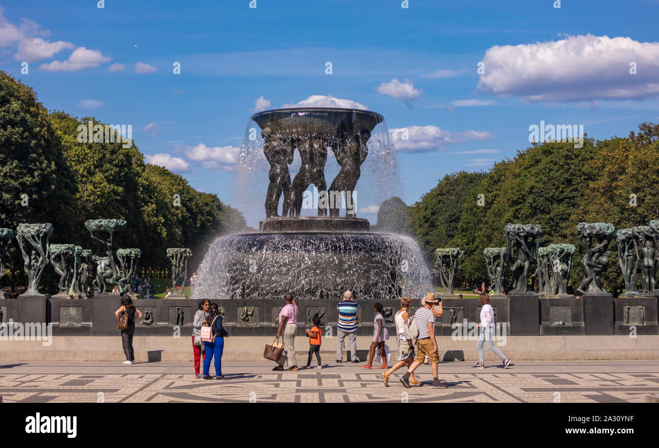 OSLO, NORWAY - People and fountain, Vigeland Sculpture installation, in ...