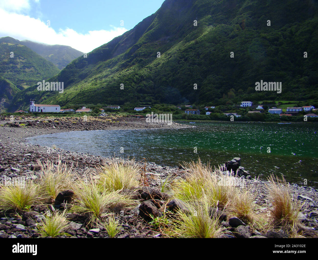 Coastal lagoons and steep sea cliffs in Sao Jorge island, Azores ...