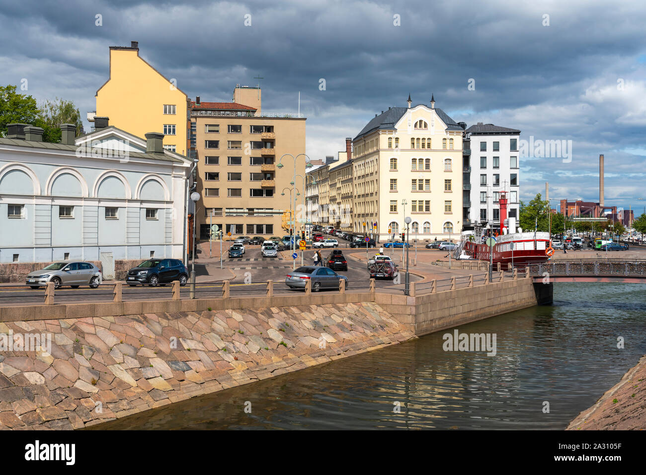 Buildings and a small canal in downtown Helsinki, Finland Stock Photo ...