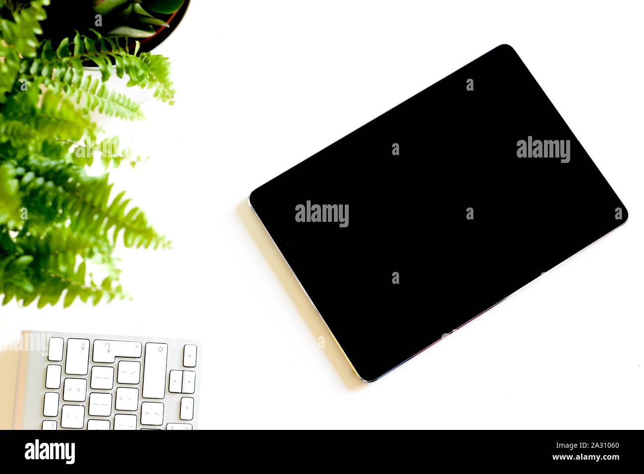 Blank white screen on portable tablet device on modern office desk ...