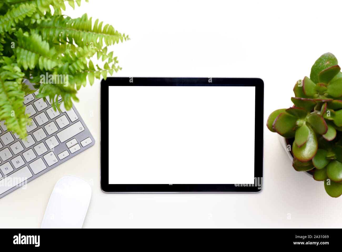 Blank white screen on portable tablet device on modern office desk ...