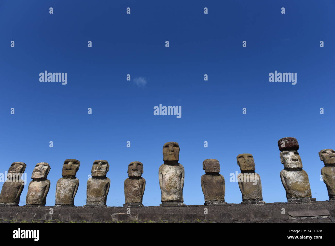 Easter Island, Chile. 20th Sep, 2019. Moais seen at ceremonial platform ...