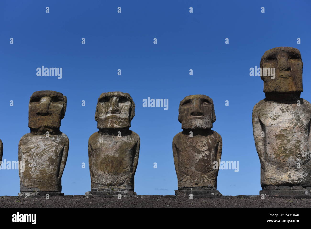 Easter Island, Chile. 20th Sep, 2019. Moais seen at ceremonial platform ...