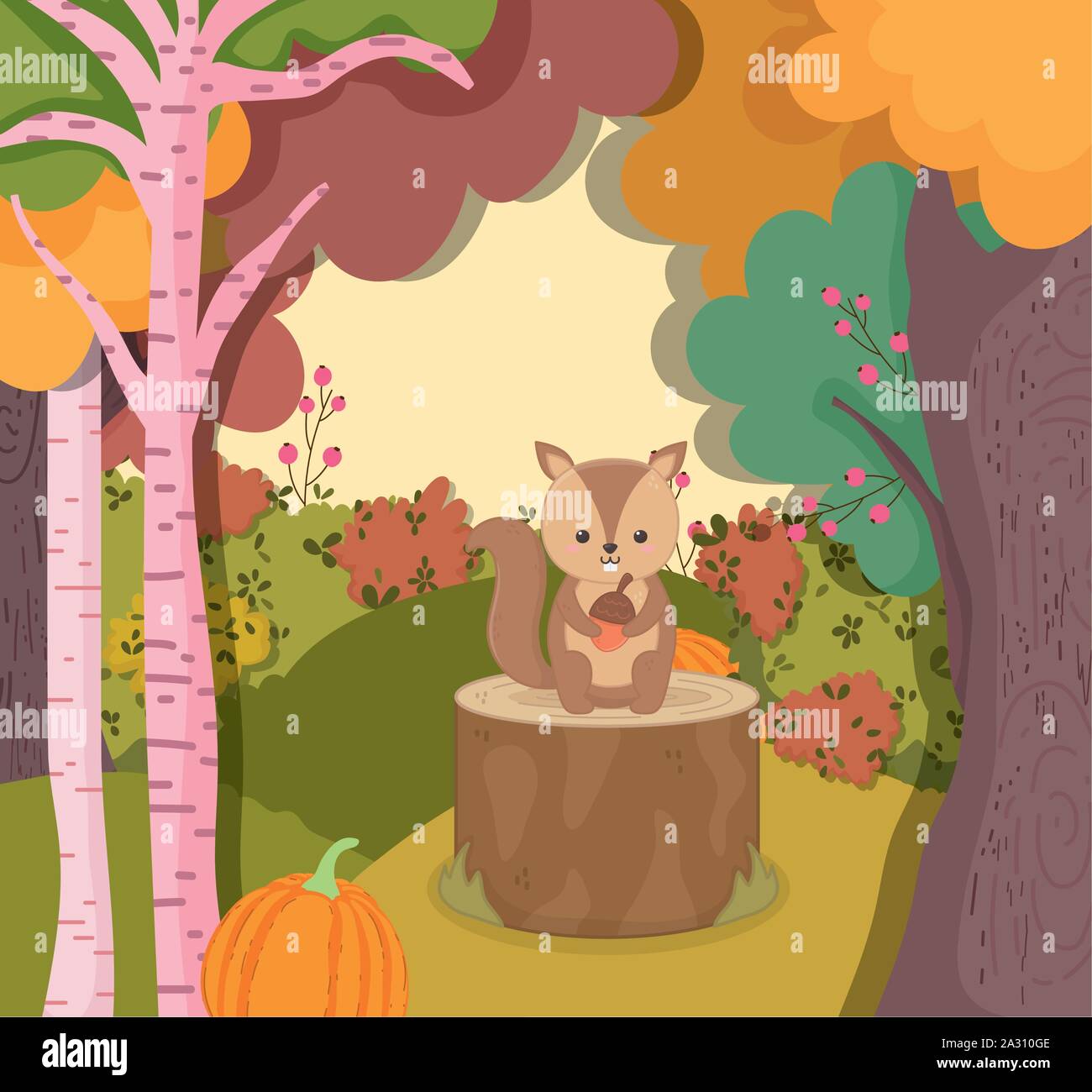 cute squirrel with acorn sitting on trunk forest leaves hello autumn ...