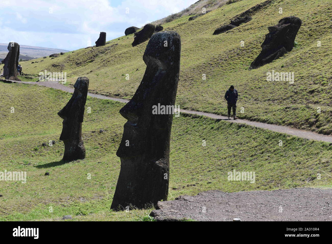 Easter Island, Chile. 20th Sep, 2019. Moais seen on the outer slopes of ...