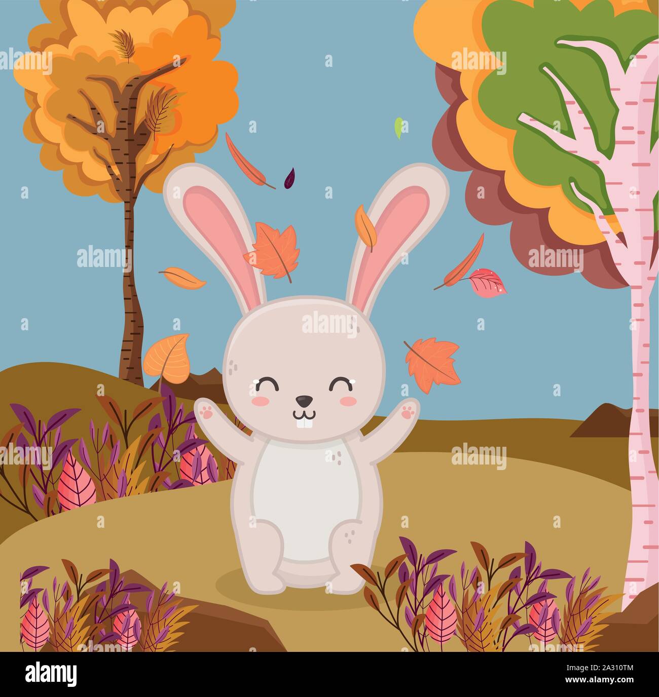 falling leaves rabbit forest tree foliage hello autumn vector ...