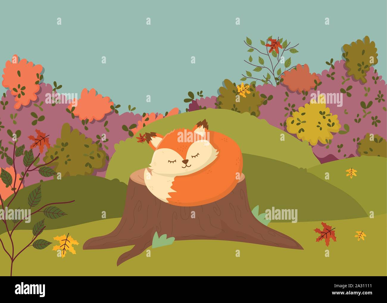 cute fox with scarf sleeping on trunk field foliage hello autumn vector ...