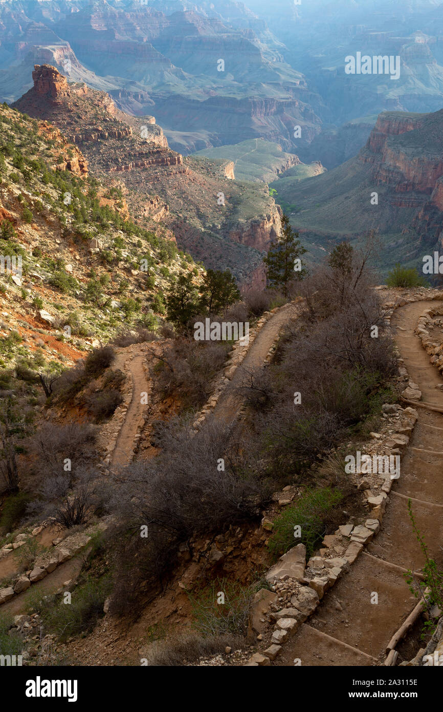 The Bright Angel Trail descending into the Grand Canyon via a series of ...