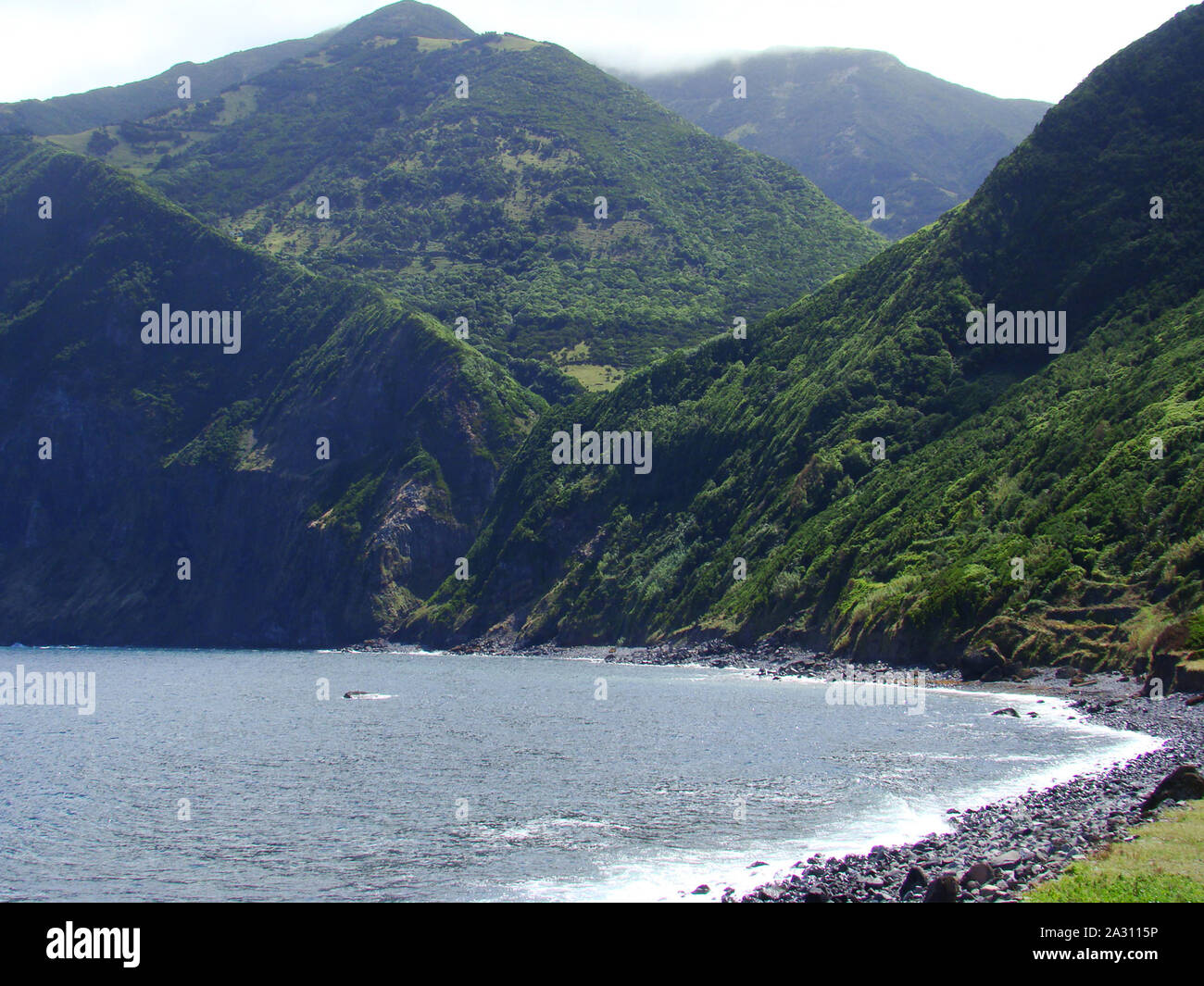Coastal lagoons and steep sea cliffs in Sao Jorge island, Azores ...