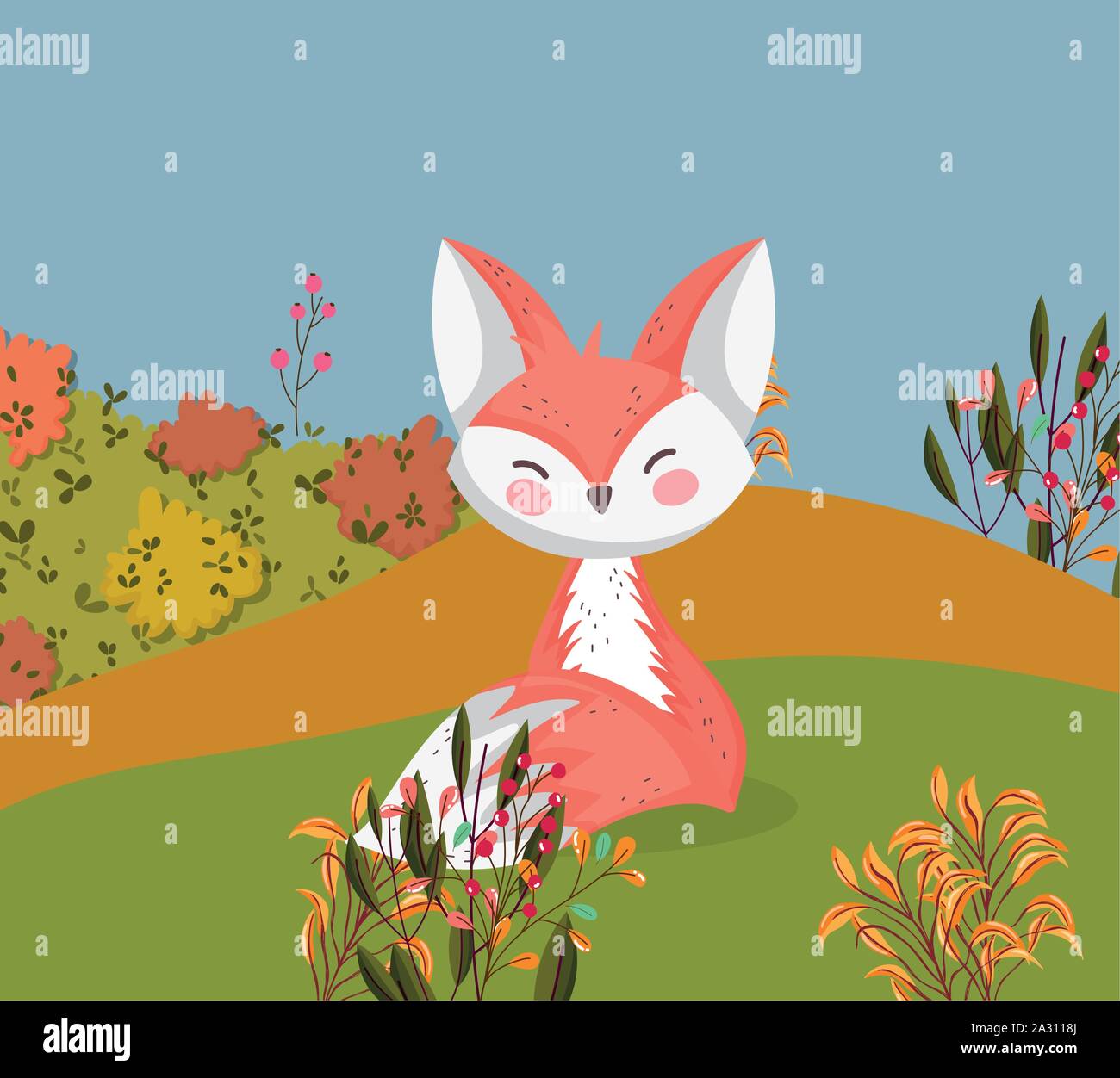 cute fox sitting in the field foliage hello autumn vector illustration ...