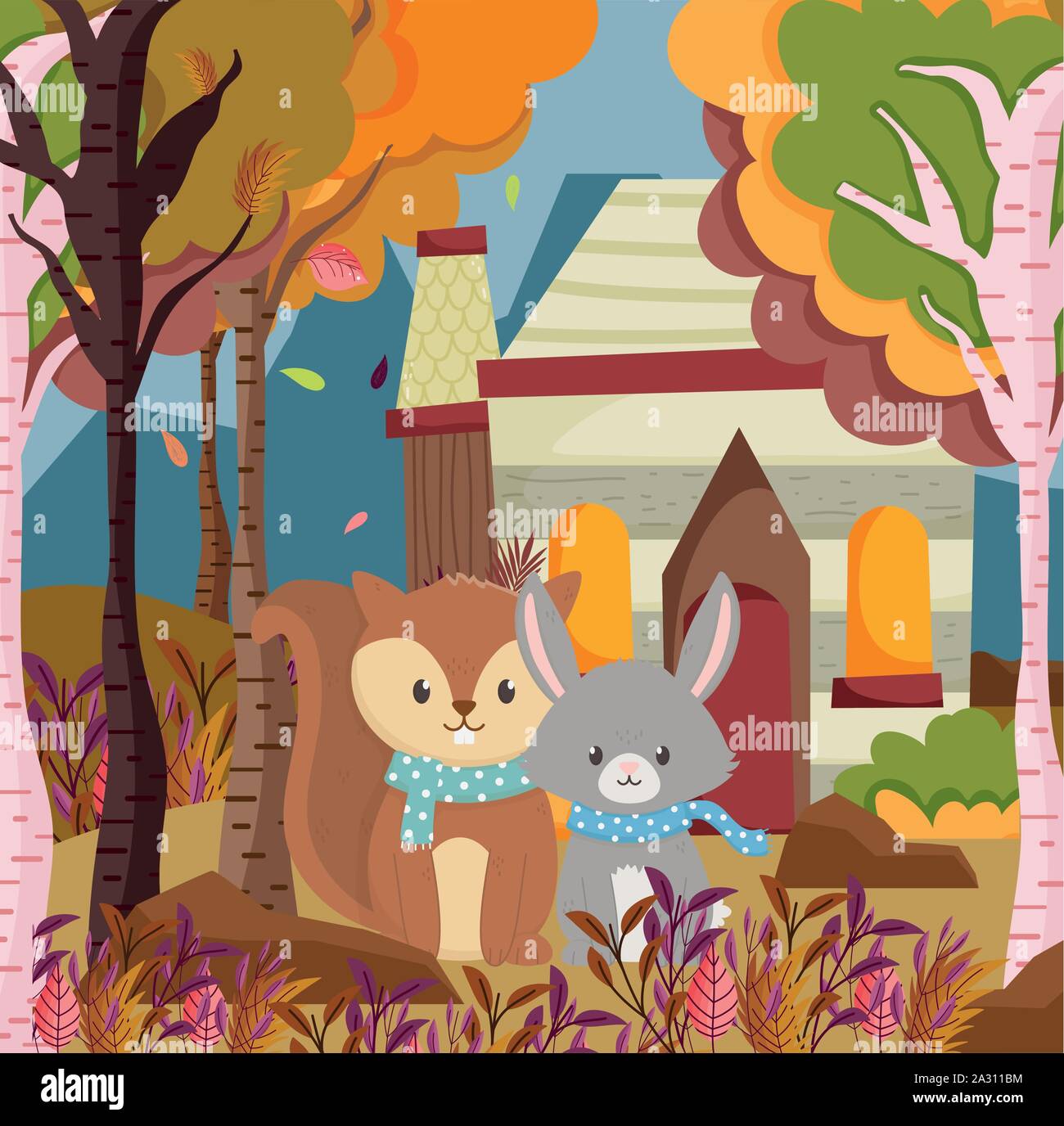 cute squirrel and rabbit cottage forest hello autumn vector ...