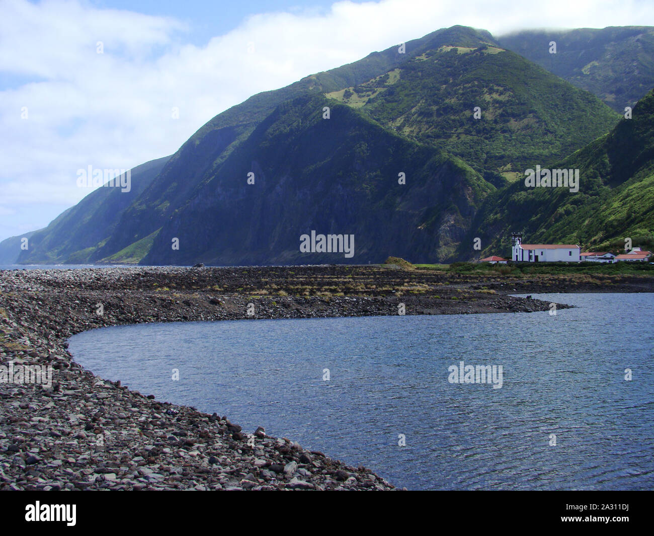 Coastal lagoons and steep sea cliffs in Sao Jorge island, Azores ...