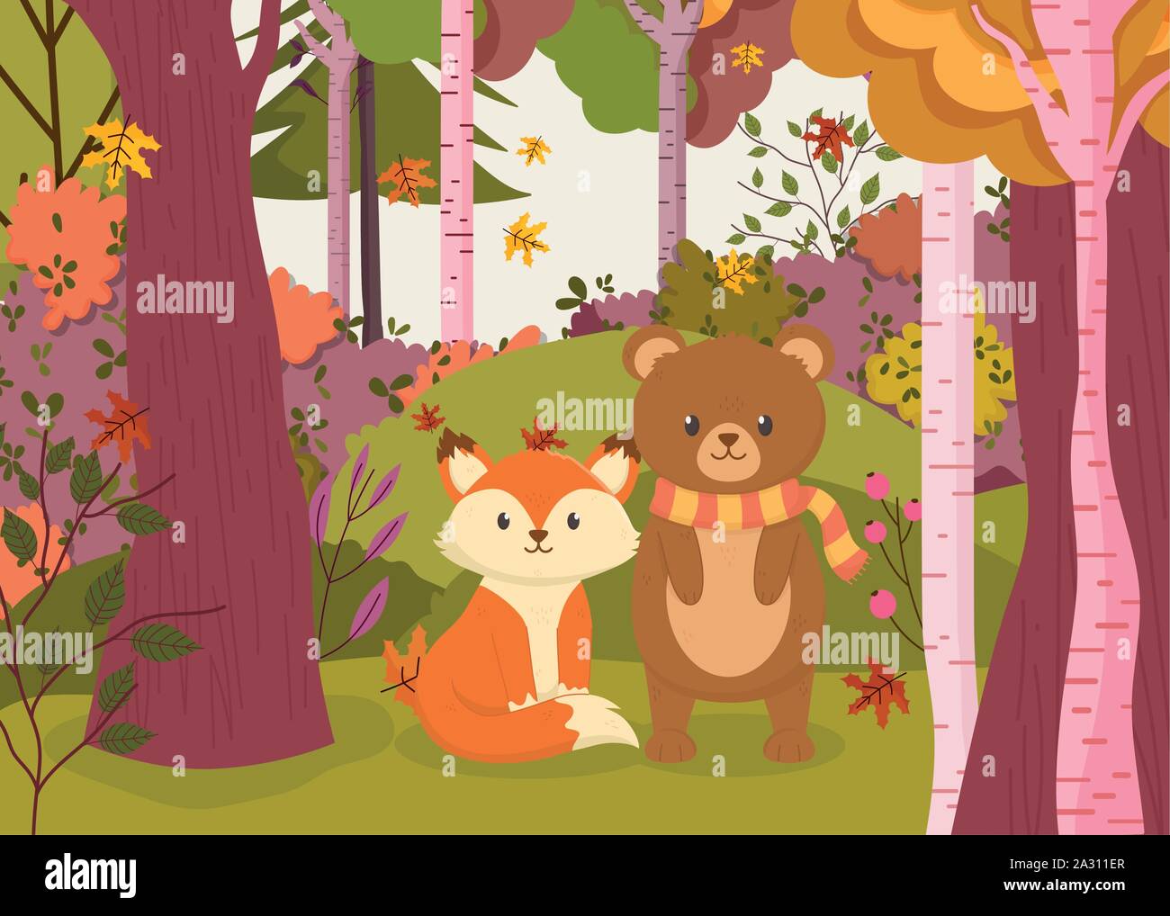 cute bear and fox in the forest hello autumn vector illustration Stock ...