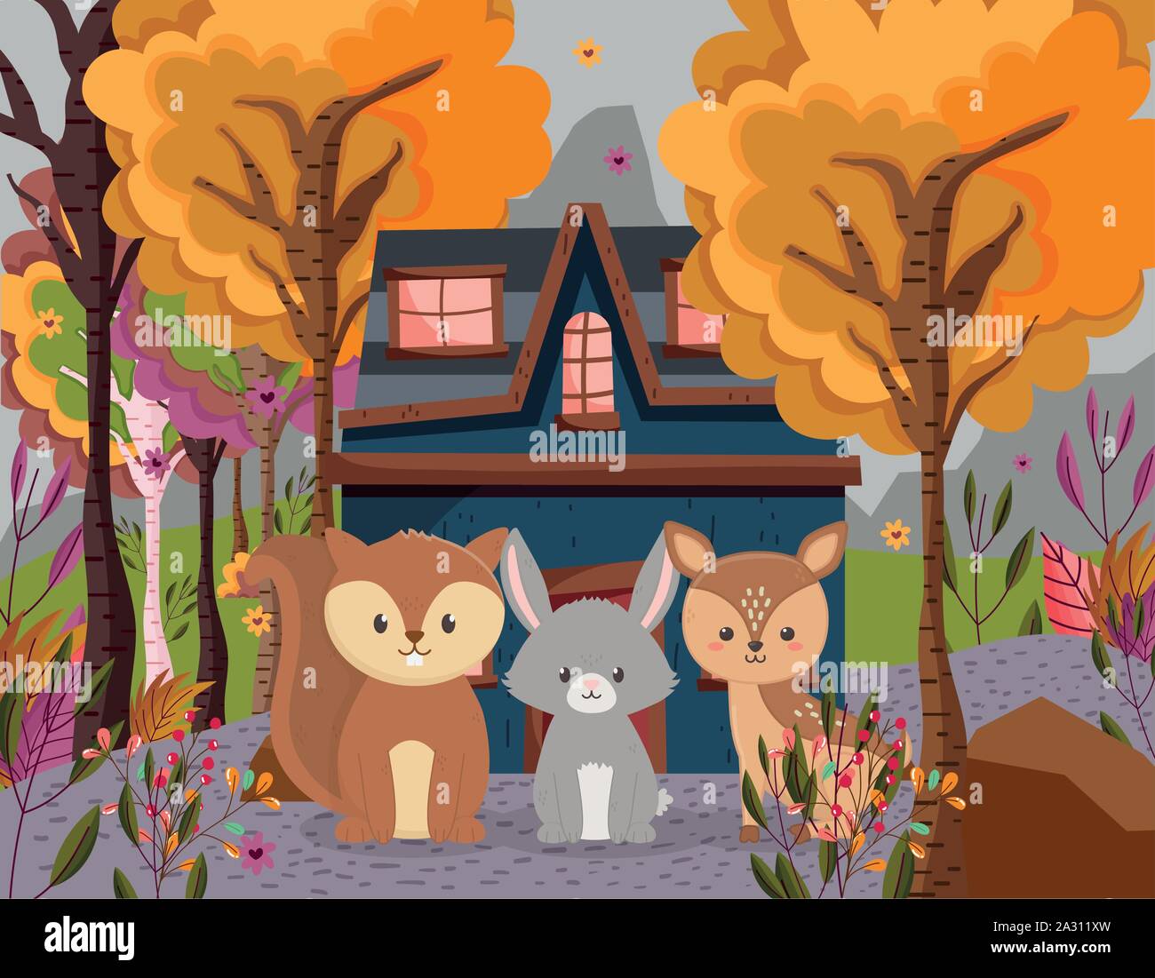 cute deer rabbit and squirrel cottage forest trees leaves hello autumn ...