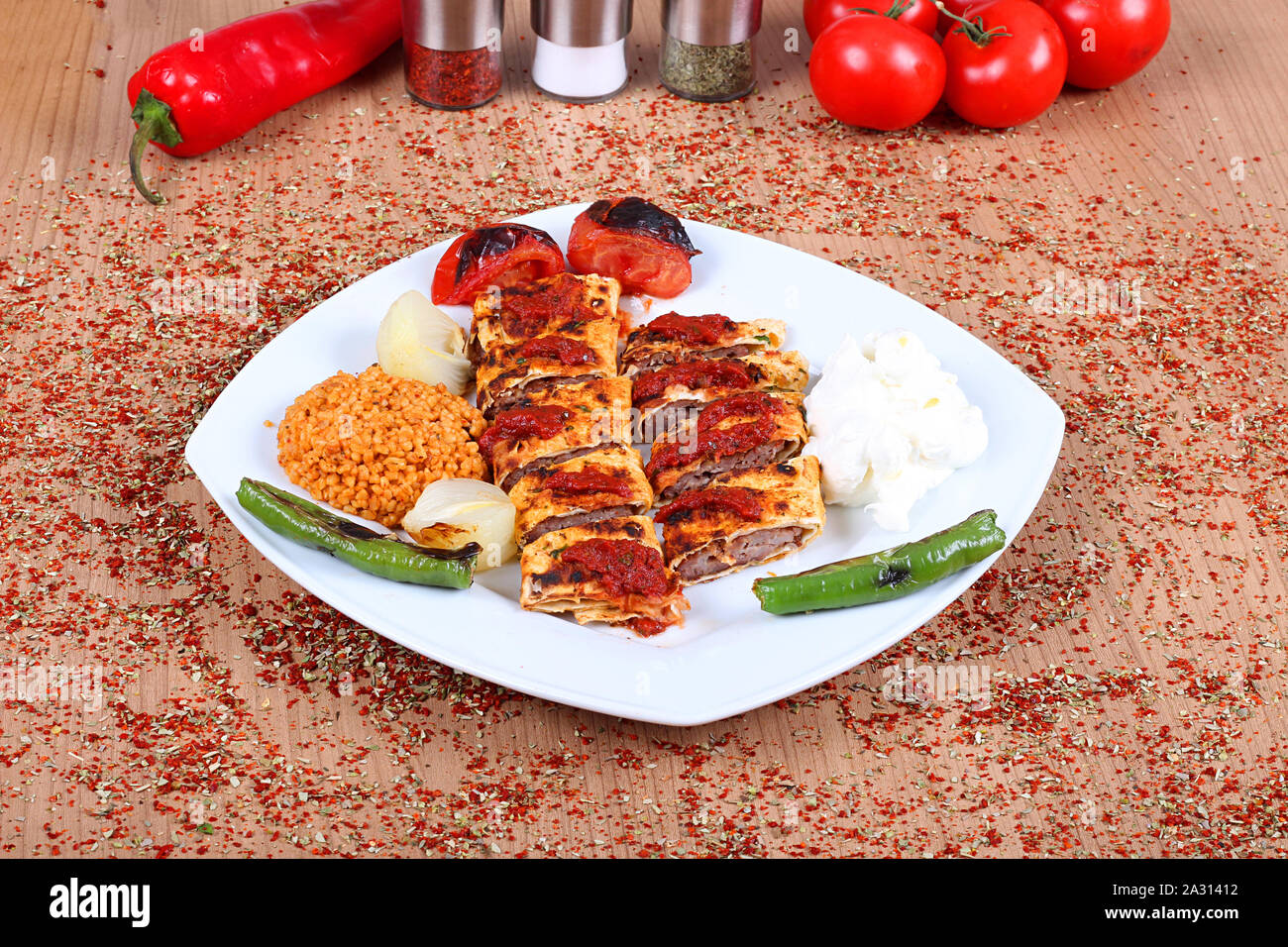 Beef kebab with fresh bread and yogurt onion and pepper Stock Photo - Alamy