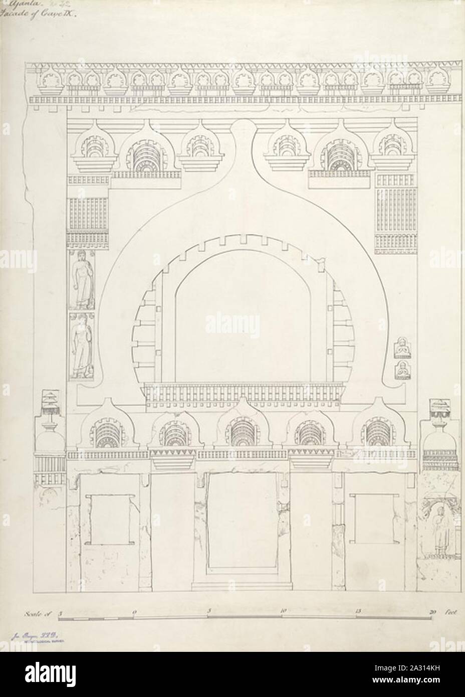 Entrance façade of Ajanta Cave 9, Maharashtra India, 1878 sketch Stock ...