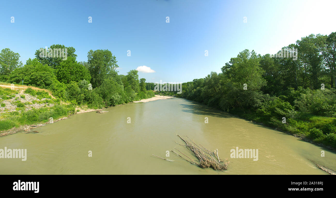 Silty water of a mountain turbid river when it enters the plain ...