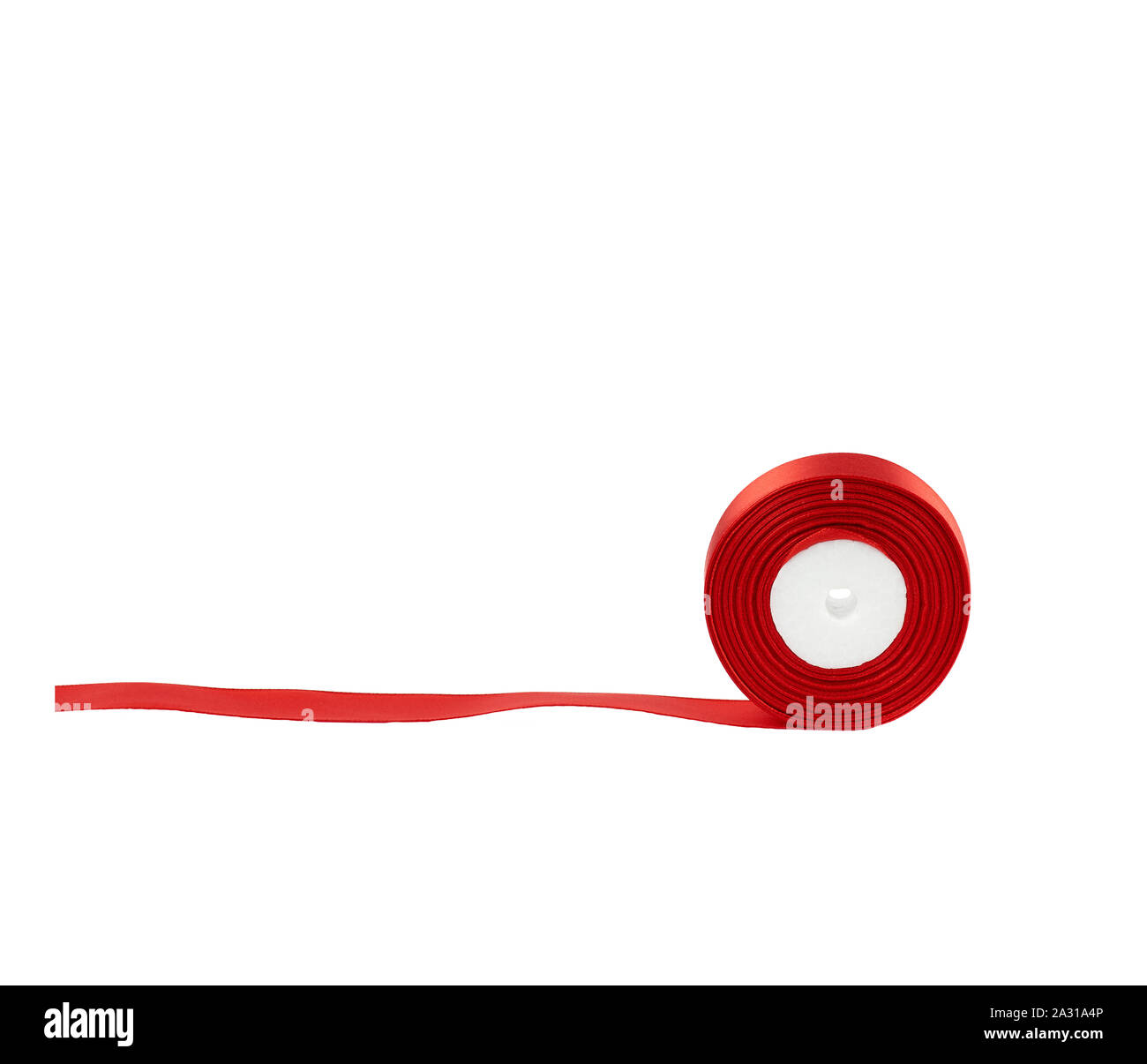 curled red satin ribbon isolated on white background, festive backdrop ...