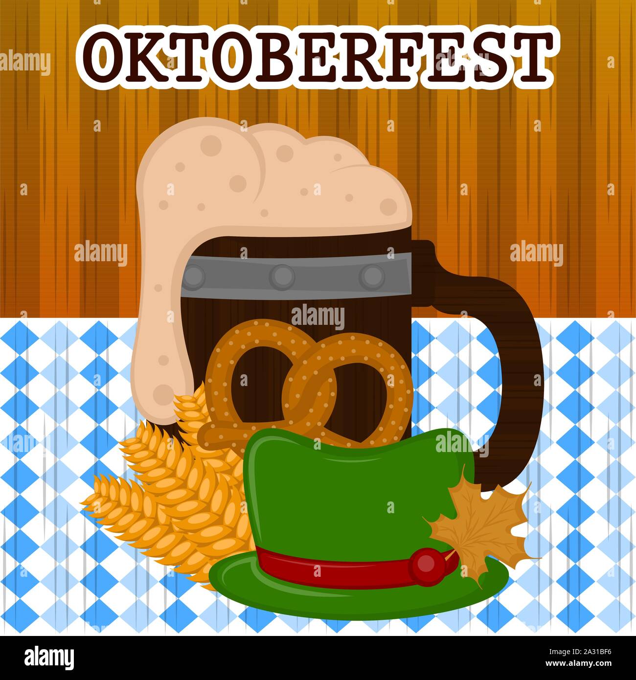 Oktoberfest poster with a beer wooden mug, hat, pretzel and wheats ...