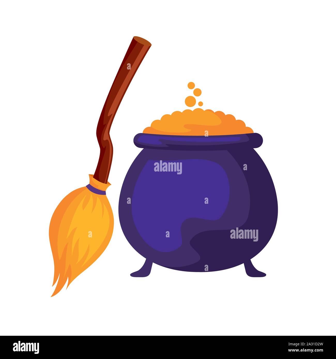 cauldron halloween with broom of witch vector illustration design Stock ...