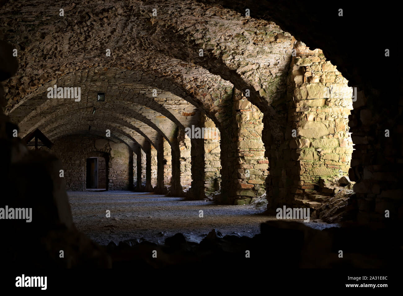 a mysterious room of an old castle, underground of a medieval castle in ...