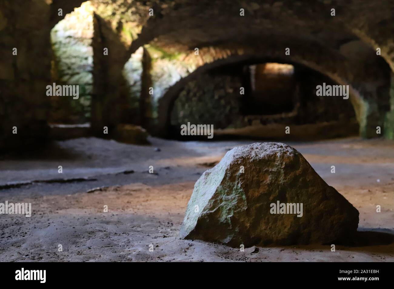 a mysterious room of an old castle, underground of a medieval castle in ...