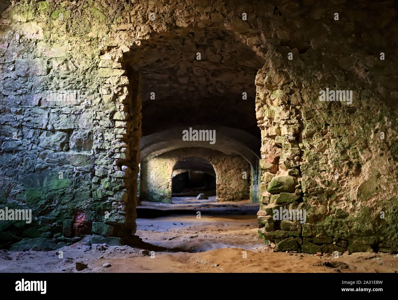 a mysterious room of an old castle, underground of a medieval castle in ...