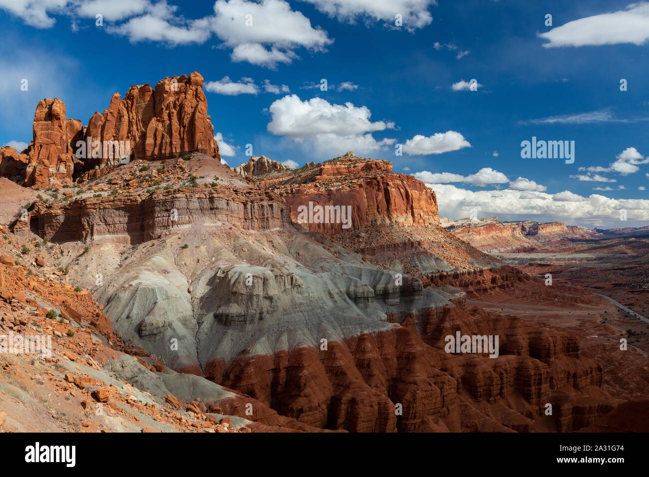 Spires of Wingate Sandstone rising above the surrounding terrain ...
