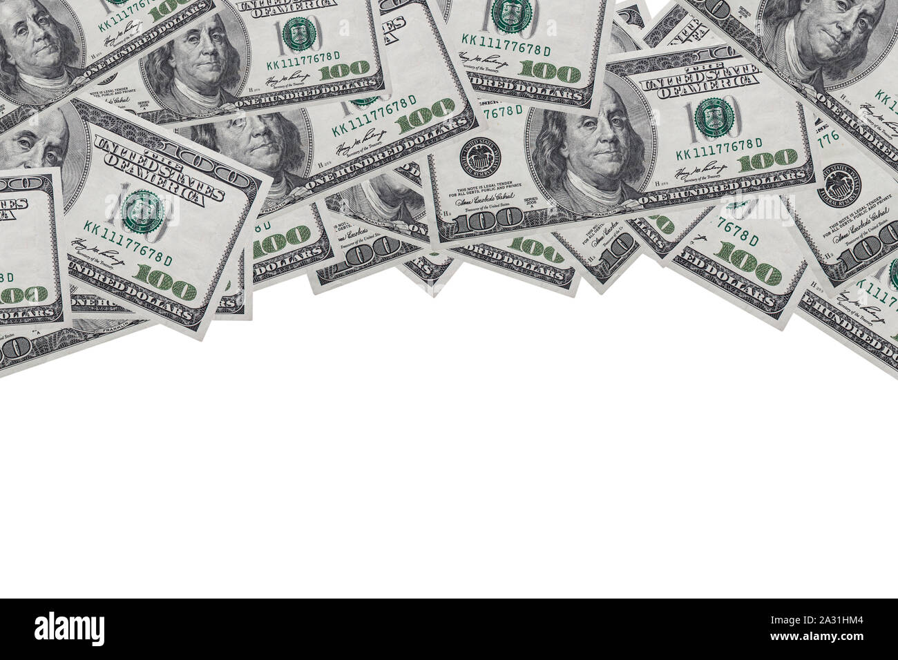 Background of 100 dollar bills on a white background with a place for ...
