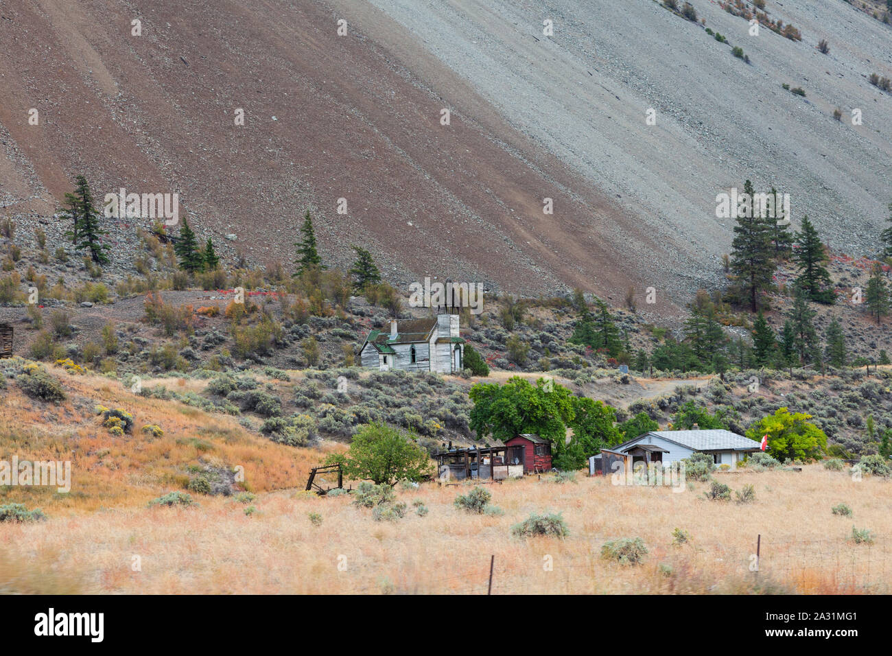 Small remote community alongside the Canadian Pacific railway track ...