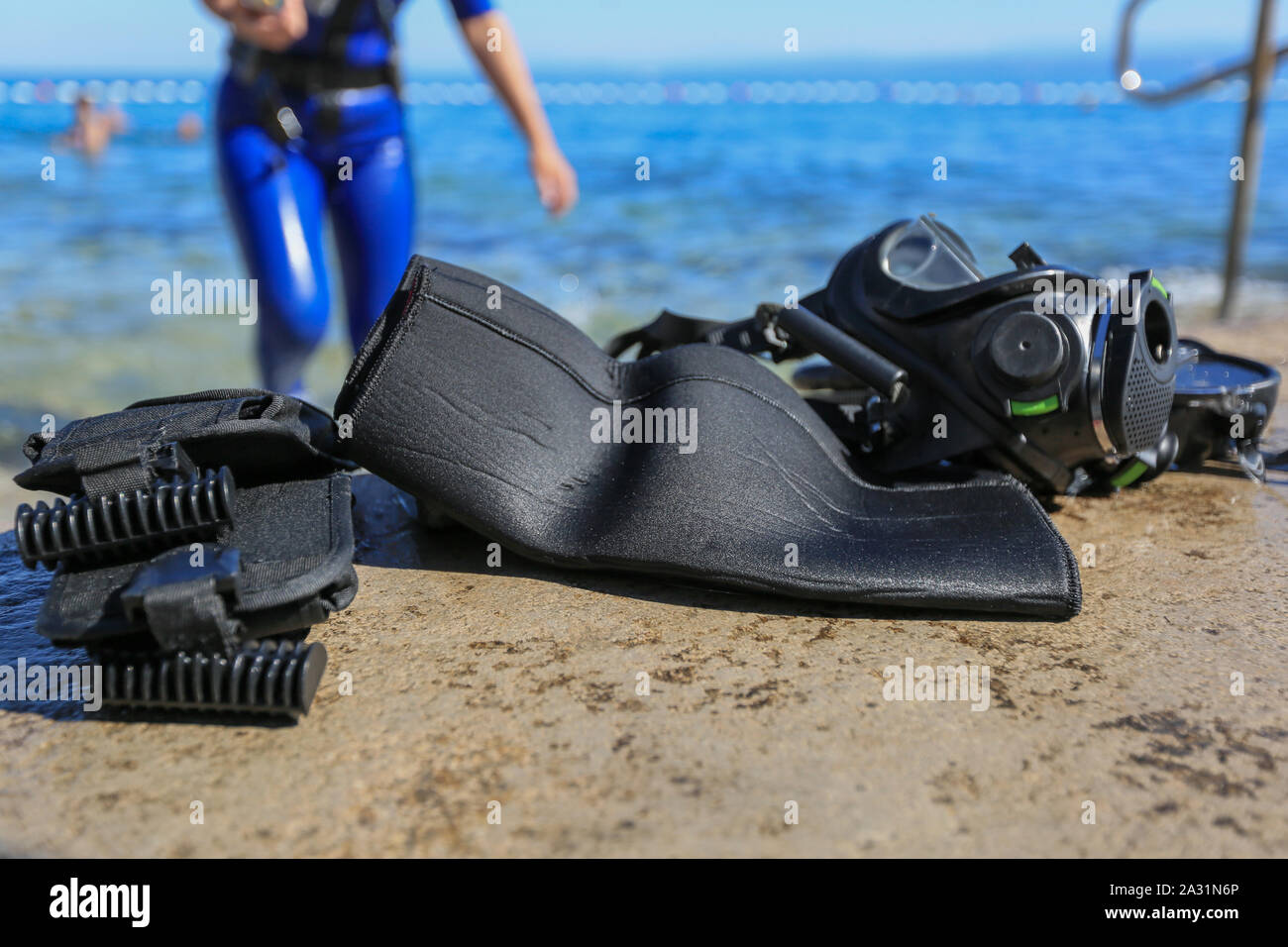 Scuba diving equipment on a beach shore Stock Photo - Alamy