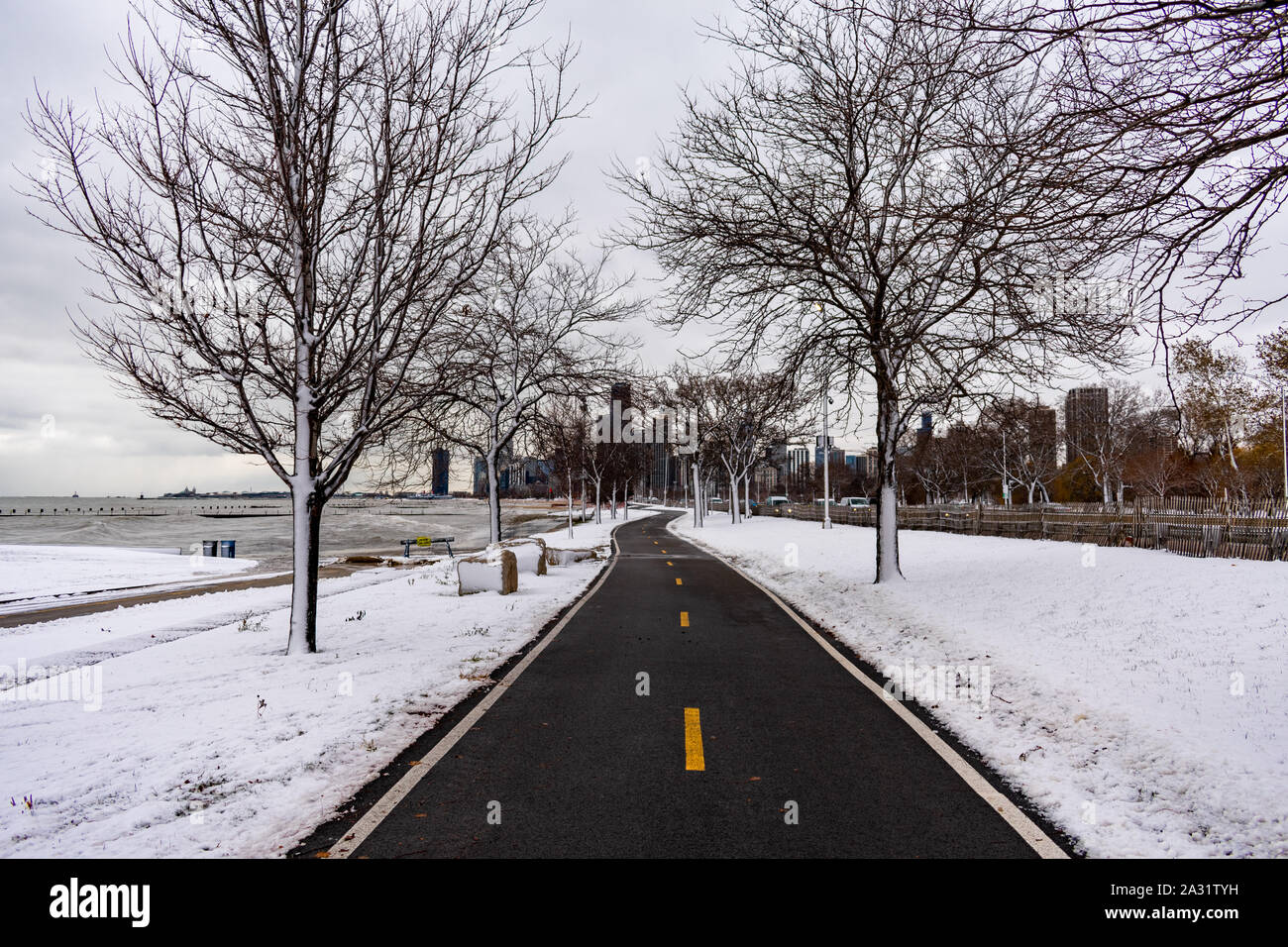 Chicago Lakefront Trail in the Winter with Snow heading Downtown Stock ...