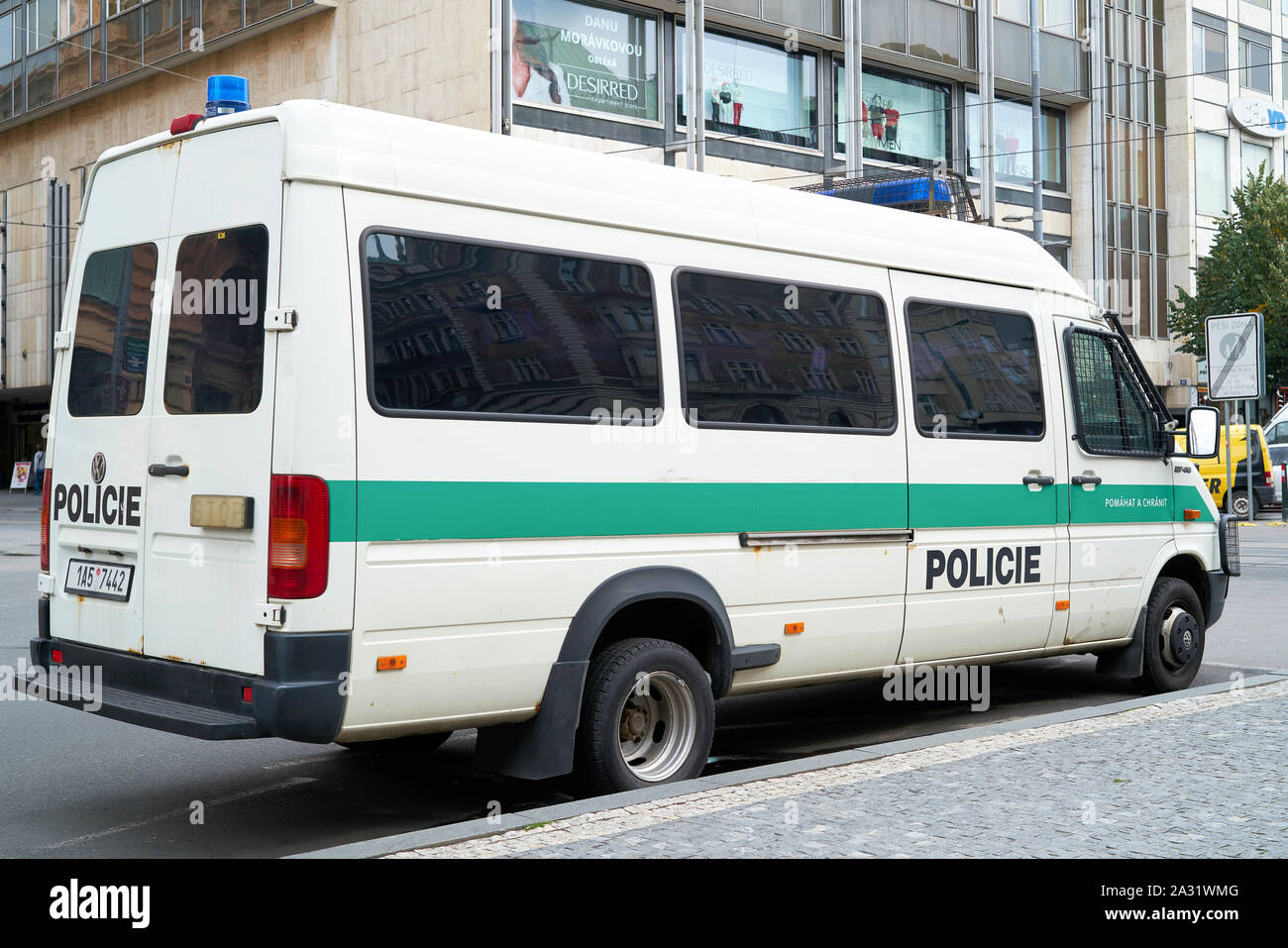 Police car during a police operation in the city center of Prague in ...