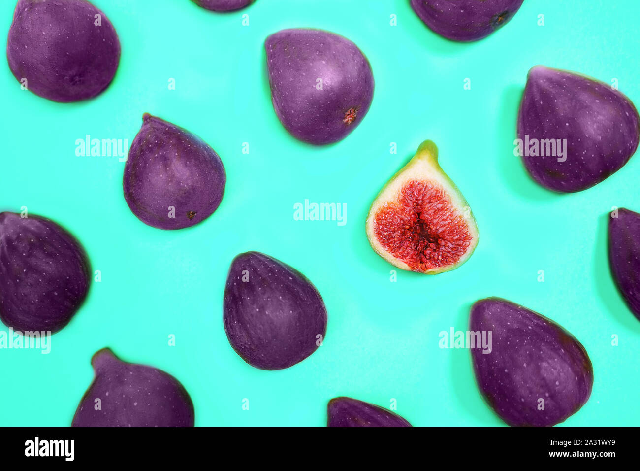 Fresh ripe figs on pastel mint green background. Pattern, top view ... Fresh ripe figs on pastel mint green background. Pattern, top view ...