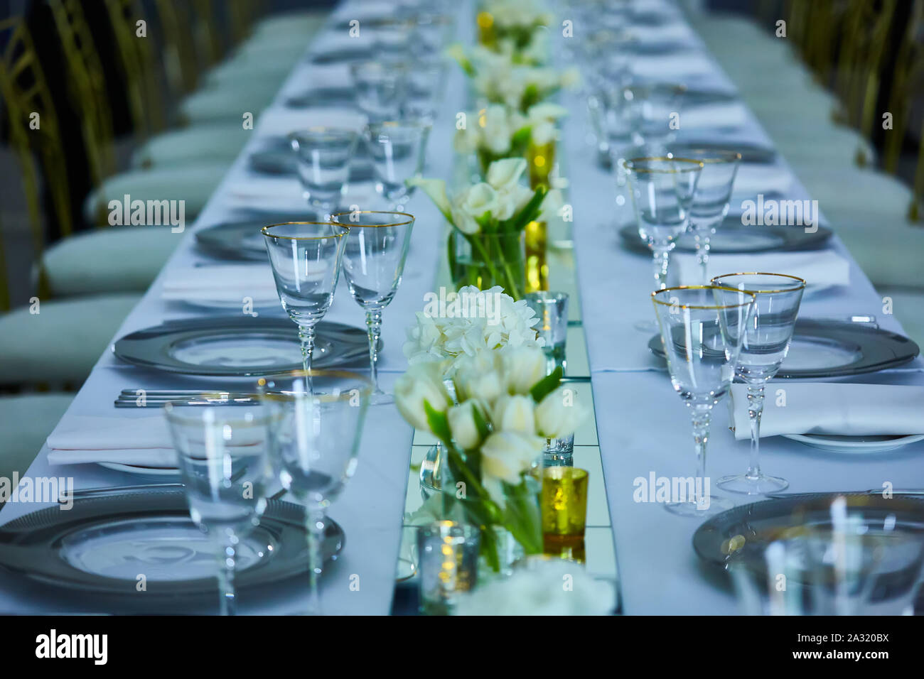 Fancy wedding reception area ready for guests and the party Stock Photo ...