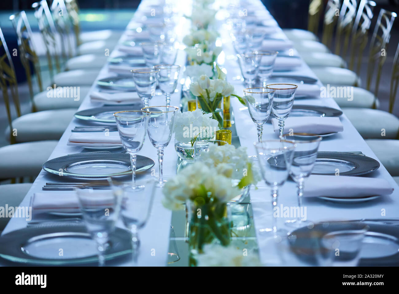Fancy wedding reception area ready for guests and the party Stock Photo ...