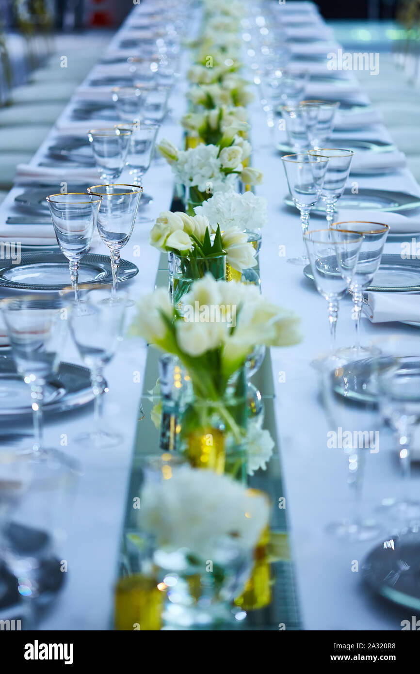 Fancy wedding reception area ready for guests and the party Stock Photo ...