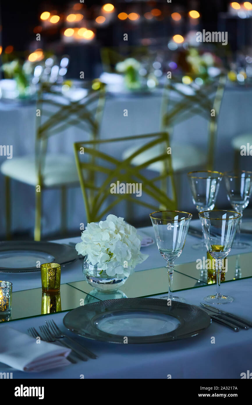 Fancy wedding reception area ready for guests and the party Stock Photo ...