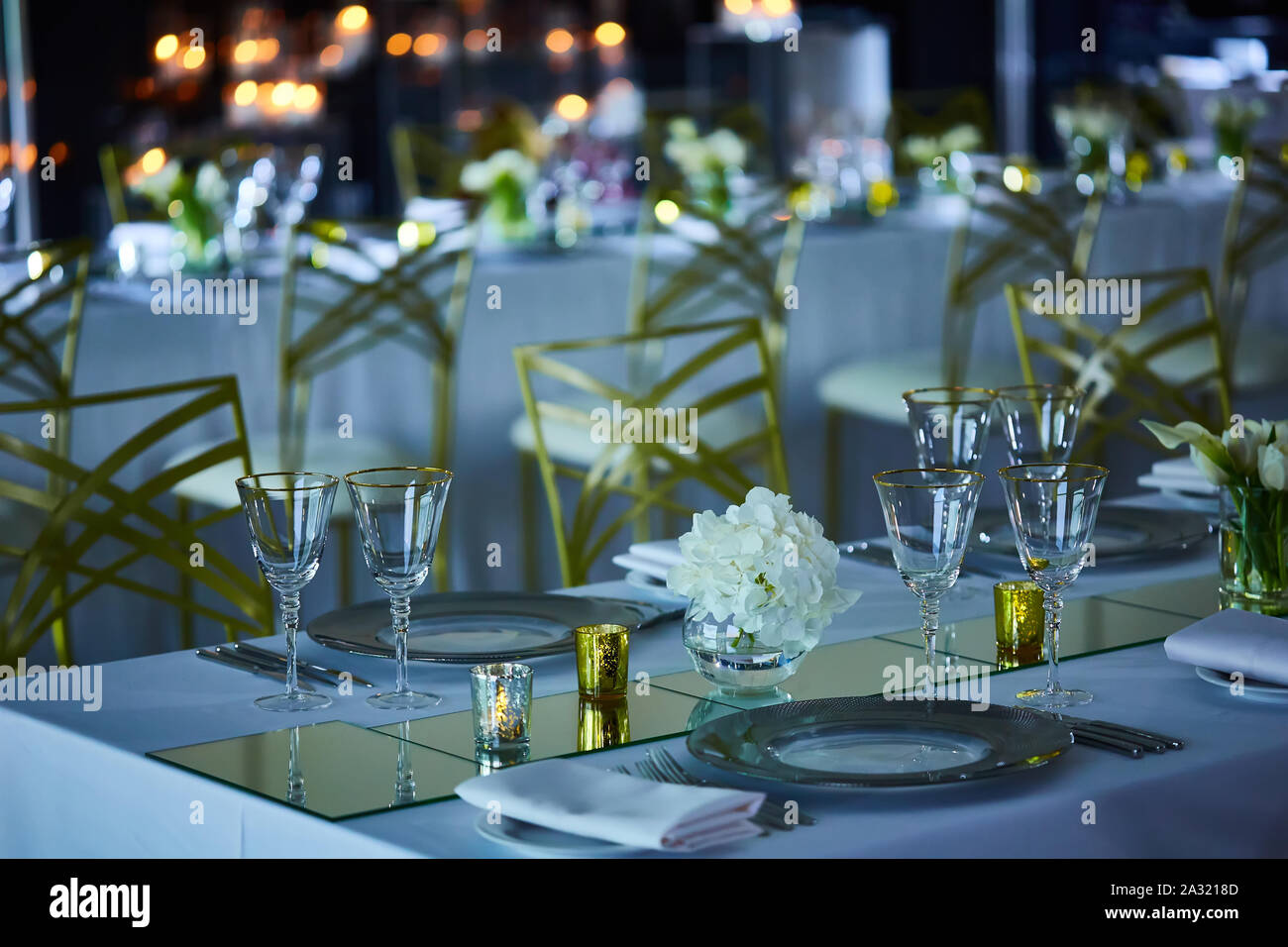 Fancy wedding reception area ready for guests and the party Stock Photo ...