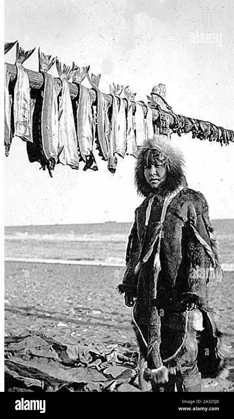 Eskimo woman standing on beach in front of fish drying on rack possibly ...