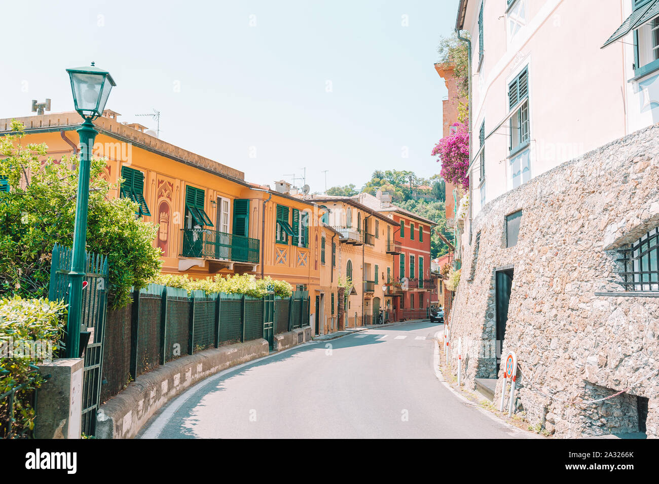 Street with colorful houses in Portofino, Liguria, Italy. Summer ...