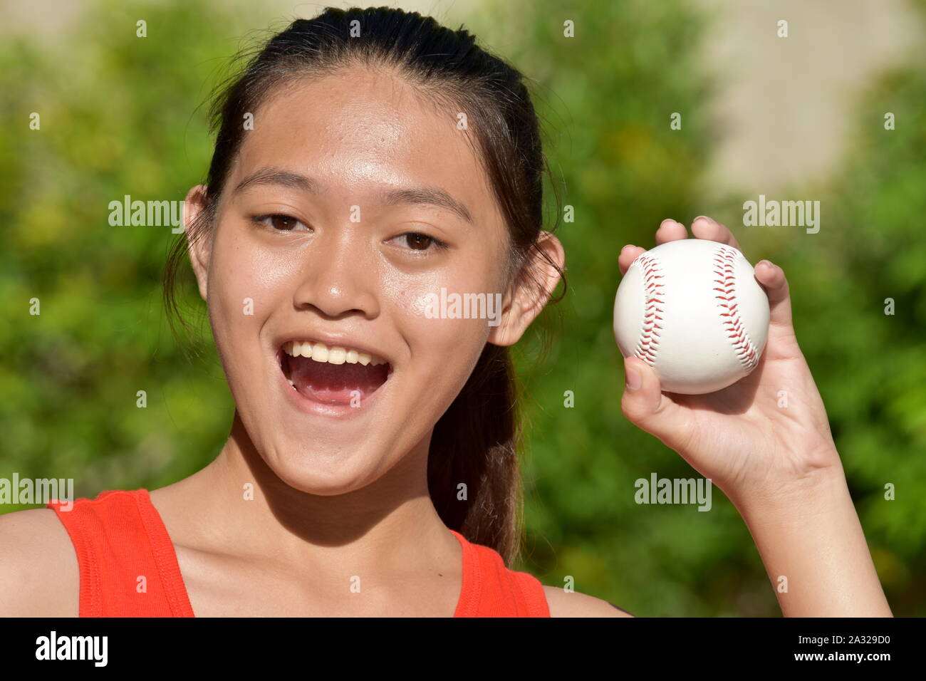 Happy Fitness Diverse Female Baseball Player Athlete With Baseball ...