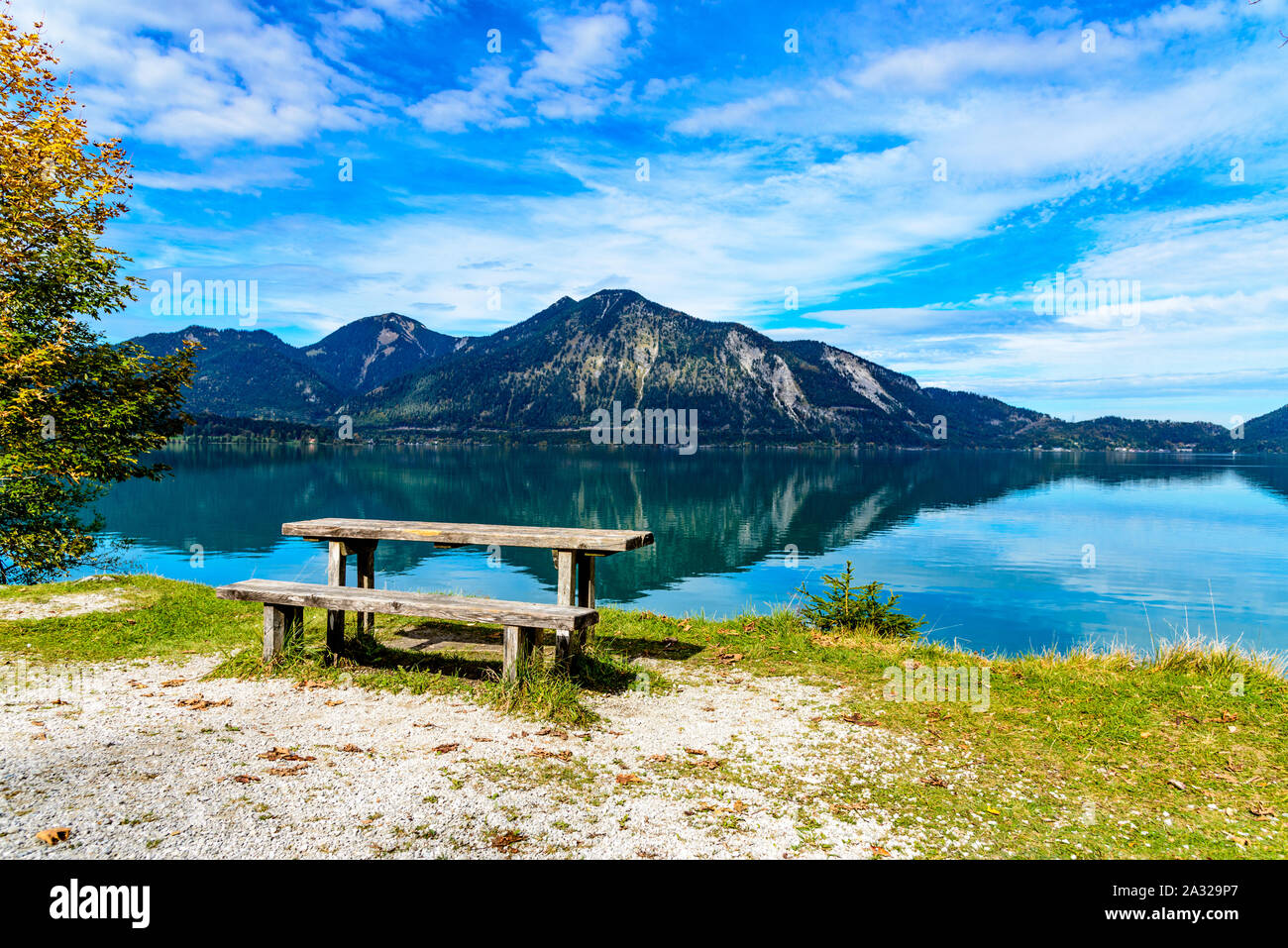 Idyllic view on Walchensee, lake Walchen with alps mountains ...