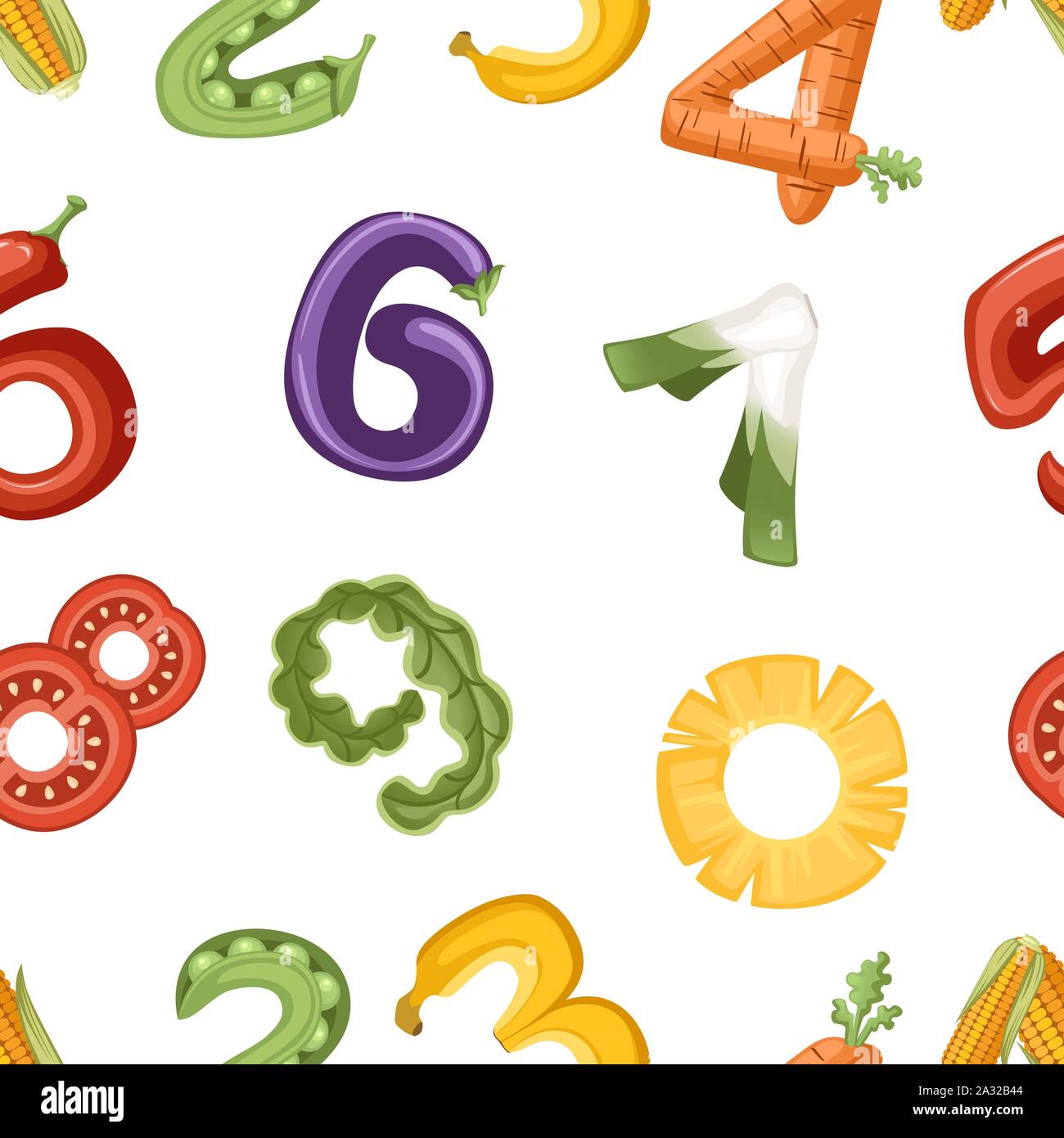 Seamless pattern of numbers in vegetable and fruit style food cartoon ...