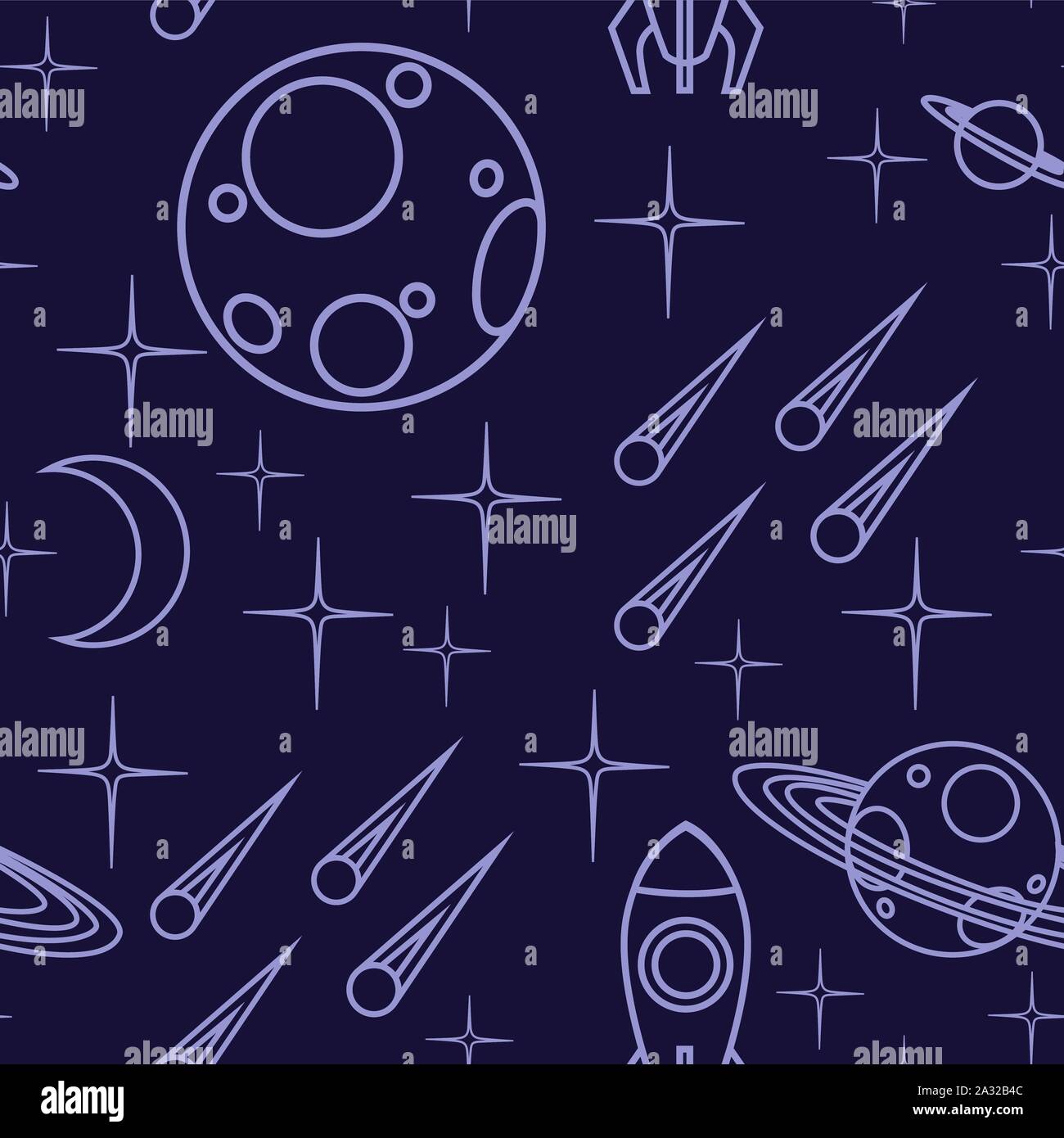 Seamless pattern of outline space icon planet spaceship, asteroid and ...