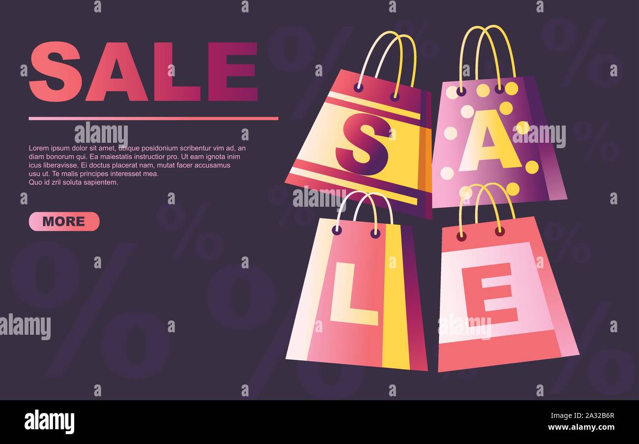 Shopping paper bag with sale tag flat vector illustration on dark ...