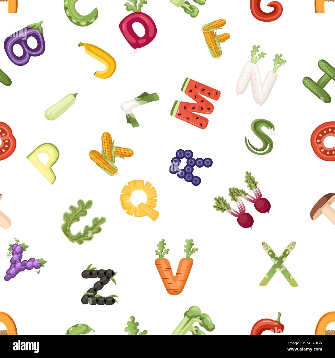 Seamless pattern of vegetable letters food style cartoon vegetable ...