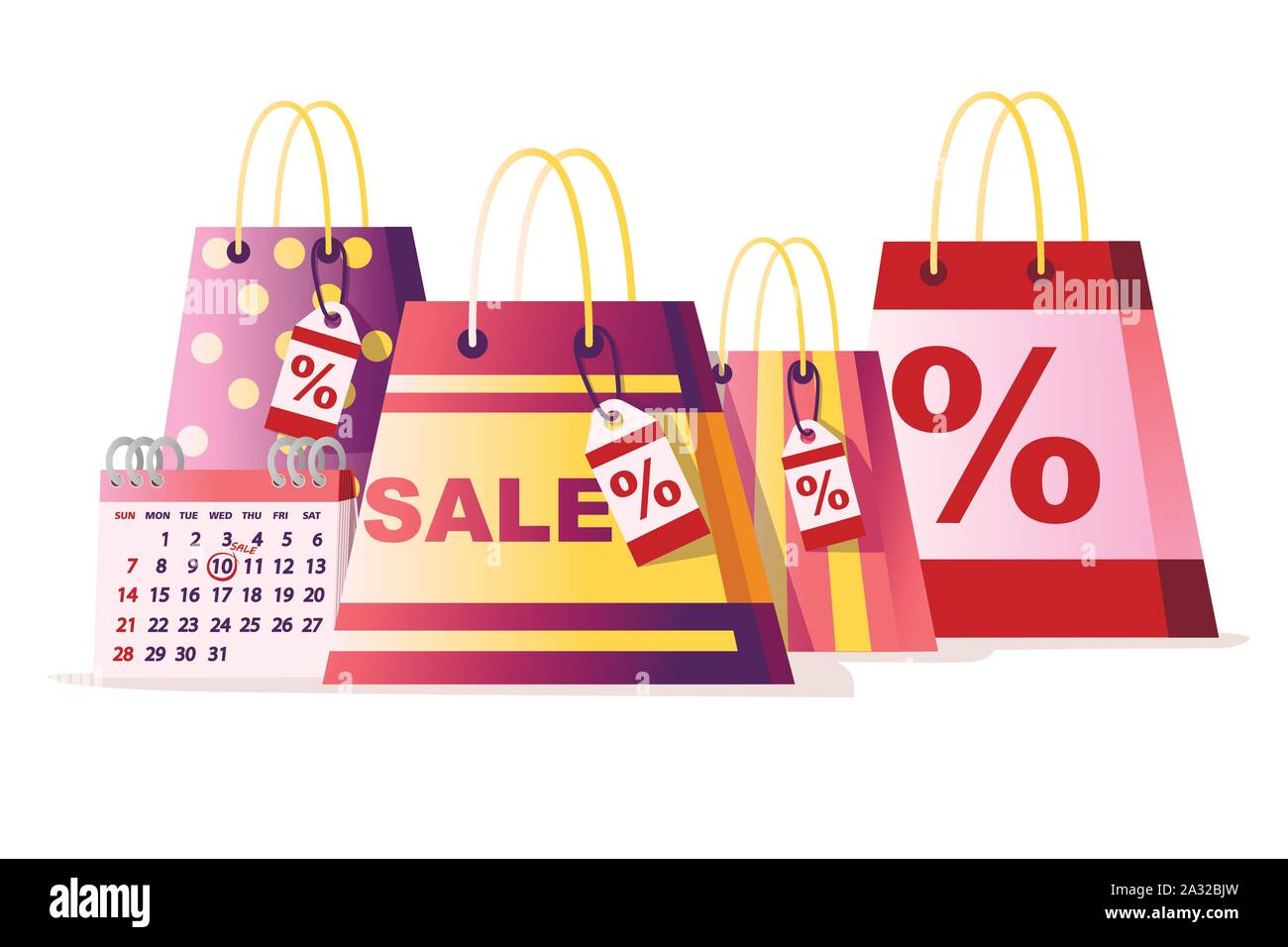 Shopping paper bags with sale tag % flat vector illustration isolated ...