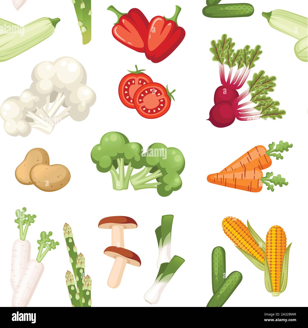 Seamless pattern of fresh raw vegetables flat vector illustration on ...